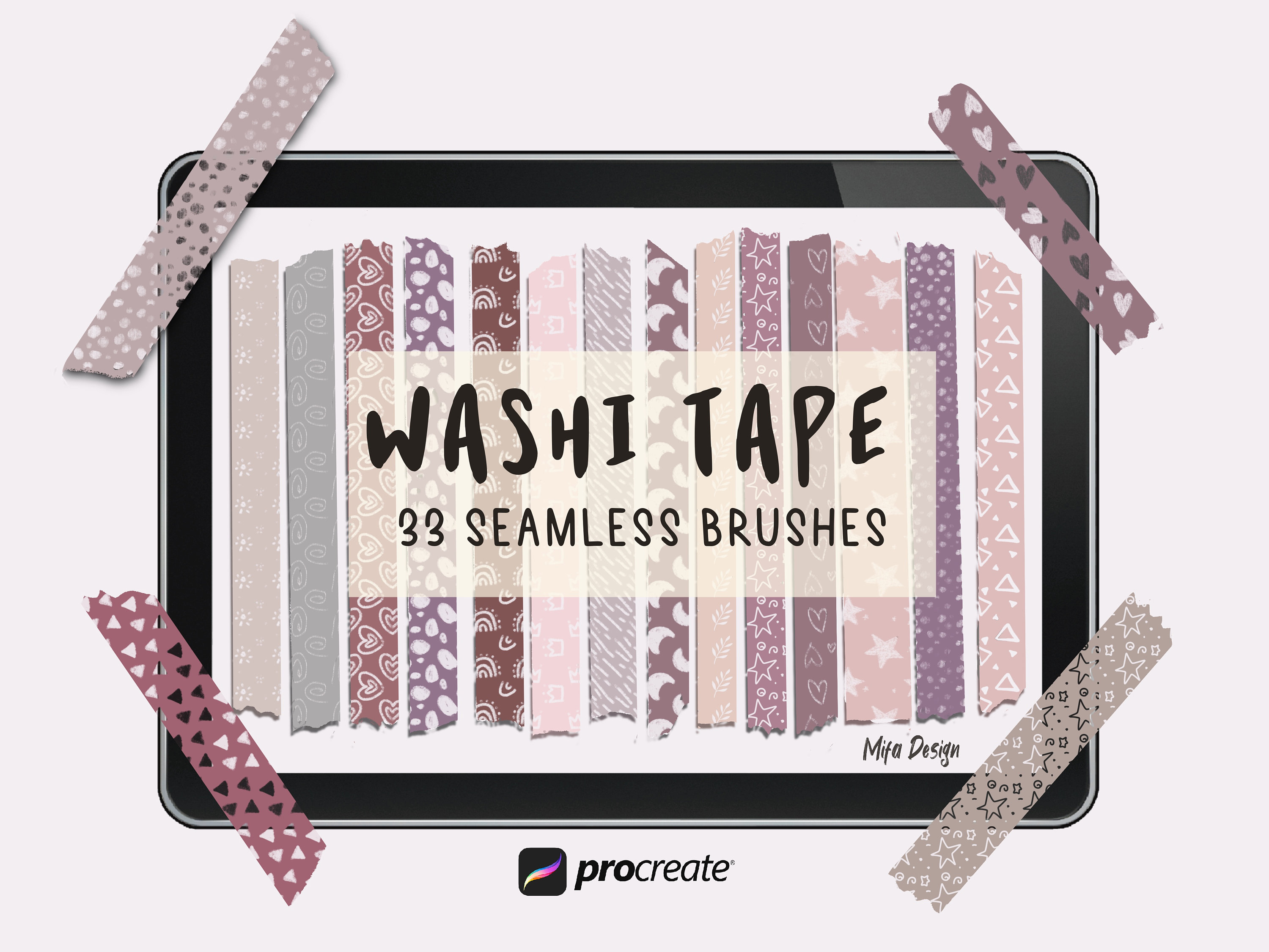 Drawing & Illustration Washi Tape 33 Procreate Brushes Minimalist ...