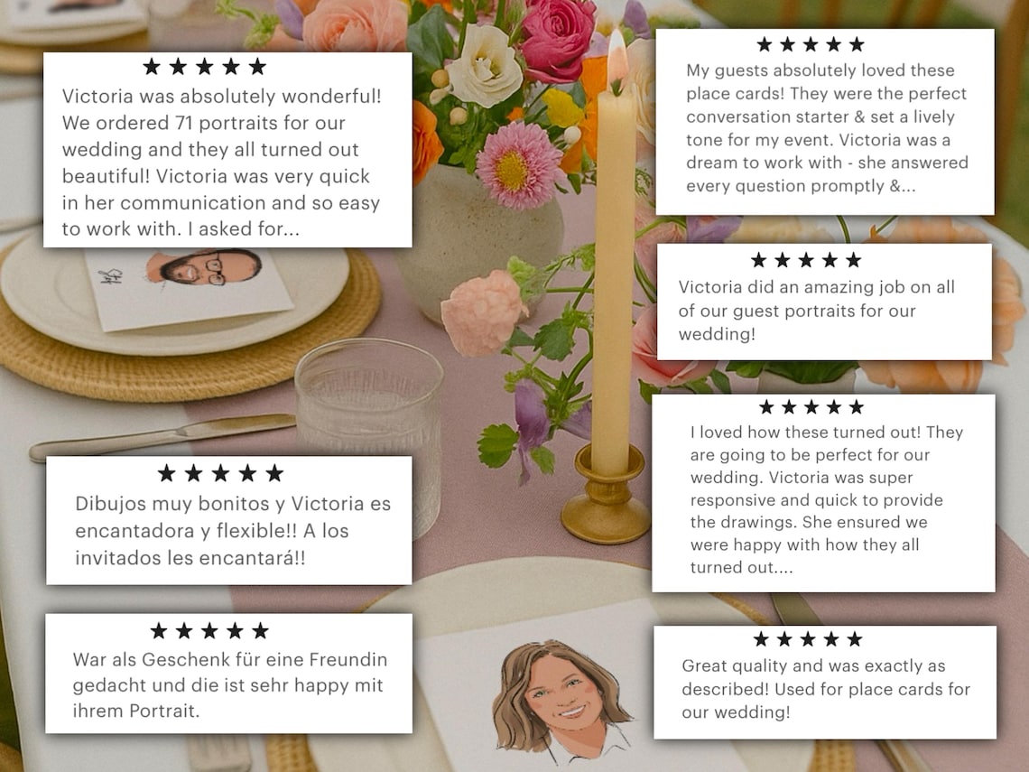 Guest Place Cards With Hand Drawn Portraits, Personalized Wedding Table ...