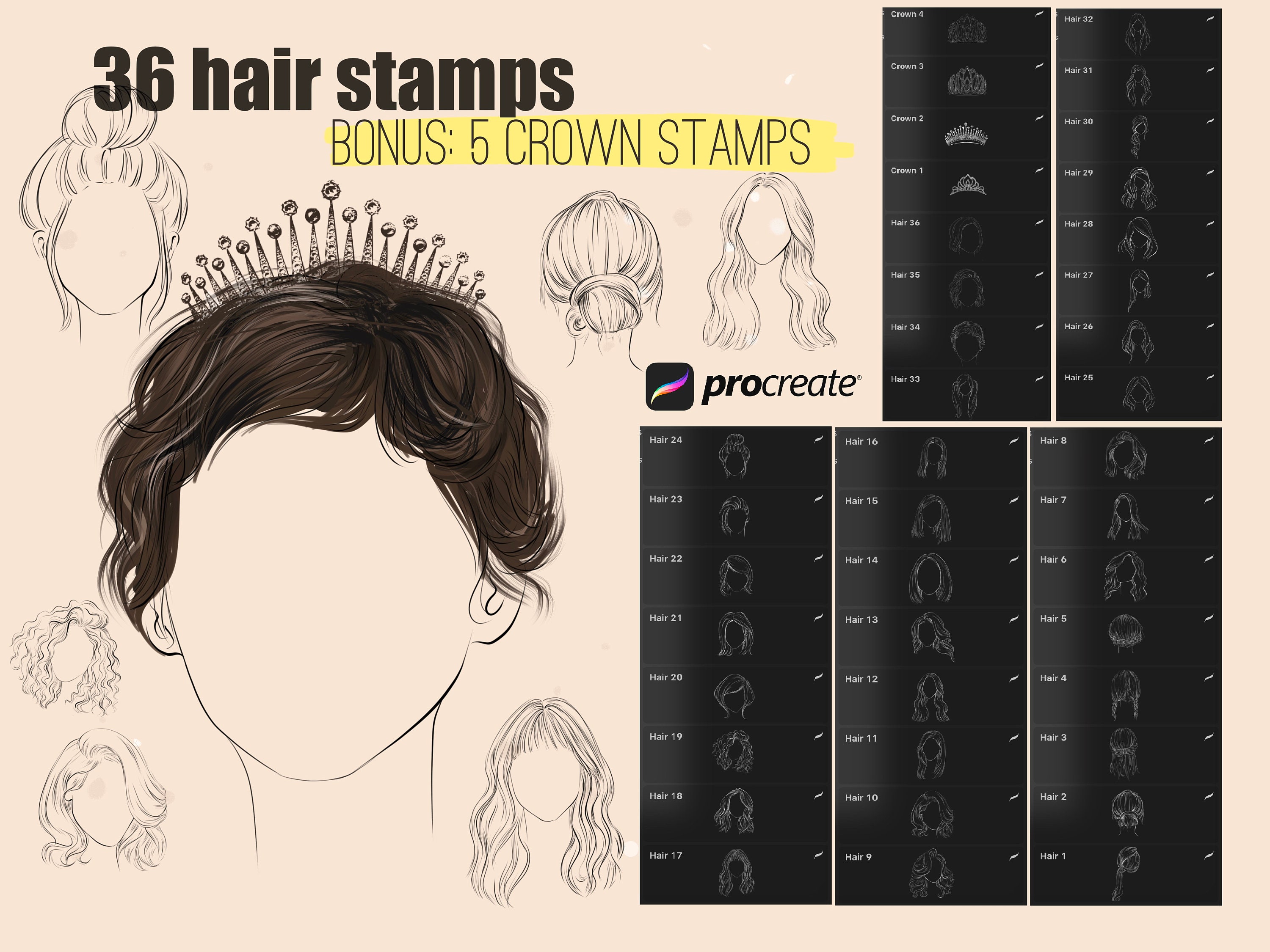 Procreate Hair Brushes Hair Style Stamp Set Procreate Brush - Etsy