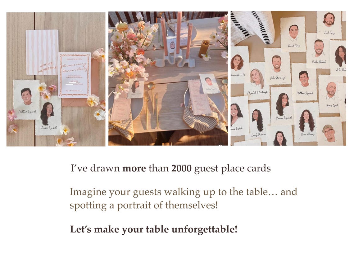 Guest Place Cards With Hand Drawn Portraits, Personalized Wedding Table ...
