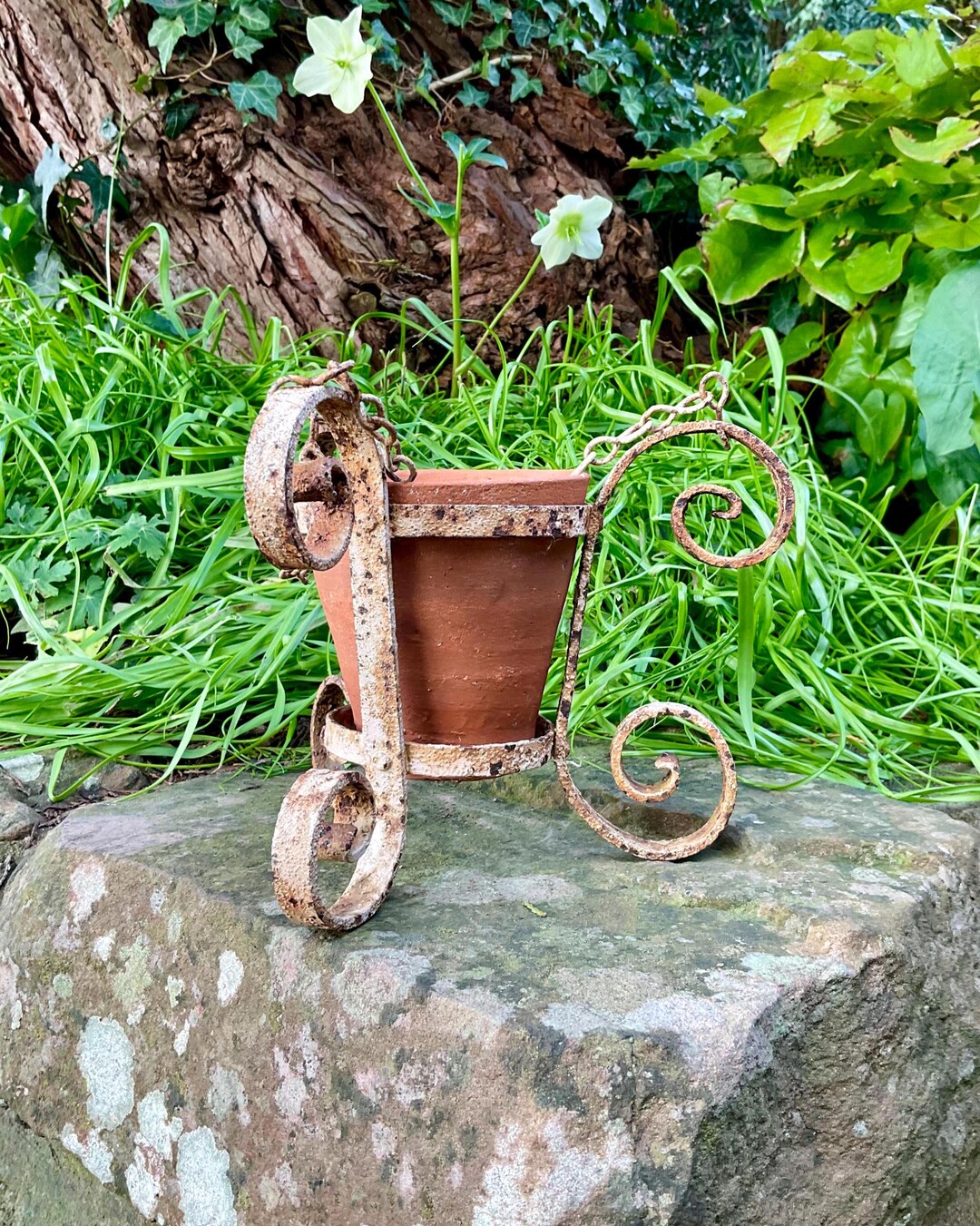 Rare Antique Victorian Wrought Iron Hanging Planter and Original Pot ...