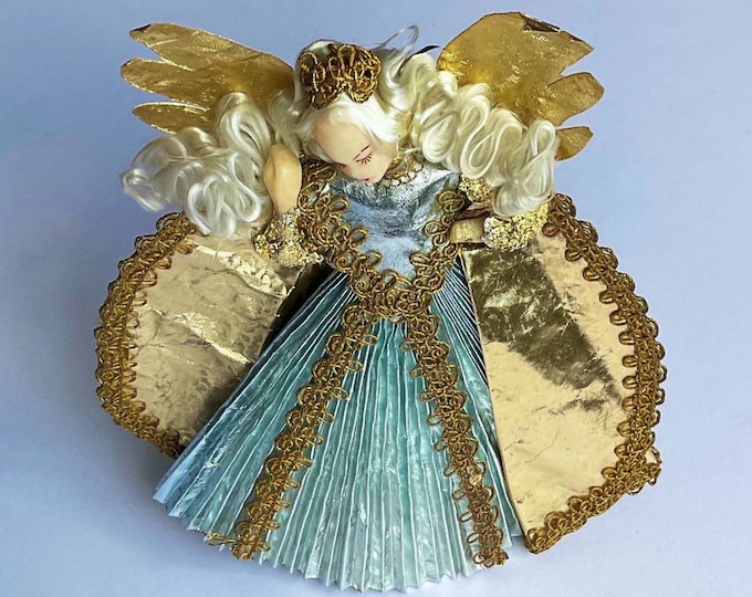 Golden Angel Tree Topper, Vintage German Rauschgold Nuremberg Wax-face ...