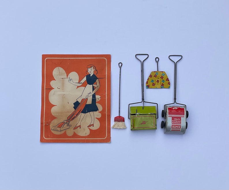 Vintage Japan Tin Toy Miniature Super Sweeper Set on Original Card ...