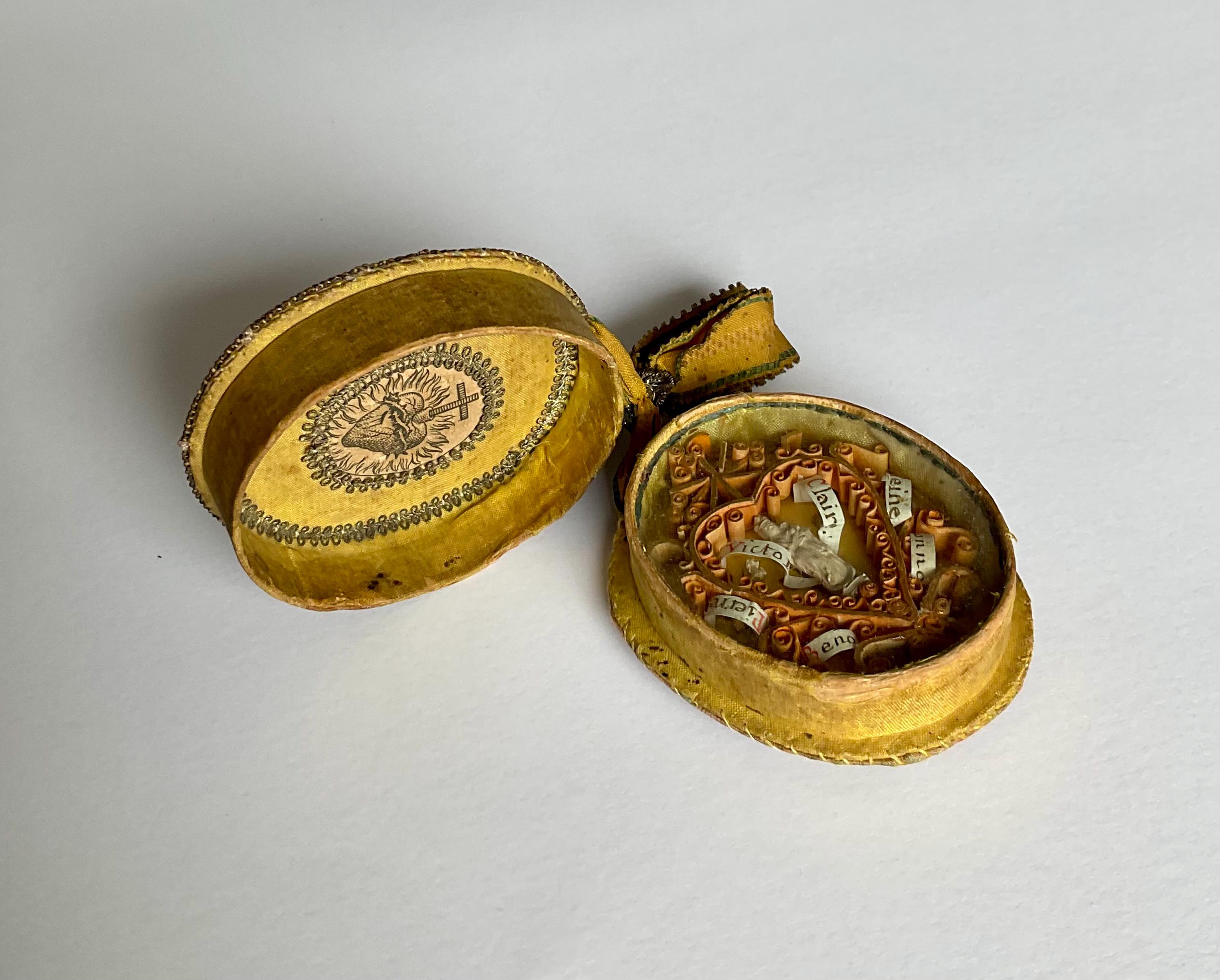 Antique Silk Embroidered Travel Reliquary: Sacred Heart, Virgin Mary ...