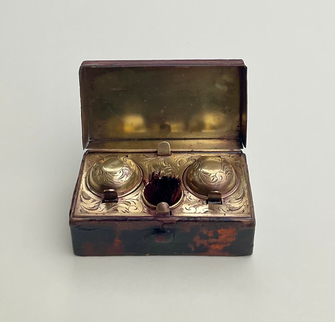 Antique Victorian Travel Inkwell Two Bottles, Brush Wipe Leather Case ...