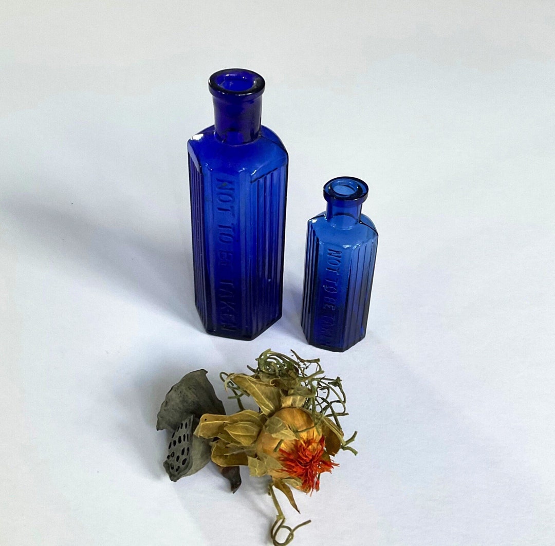 Two 19th Century Cobalt Blue Glass Poison Bottles Hexagonal 1 Ounce and ...