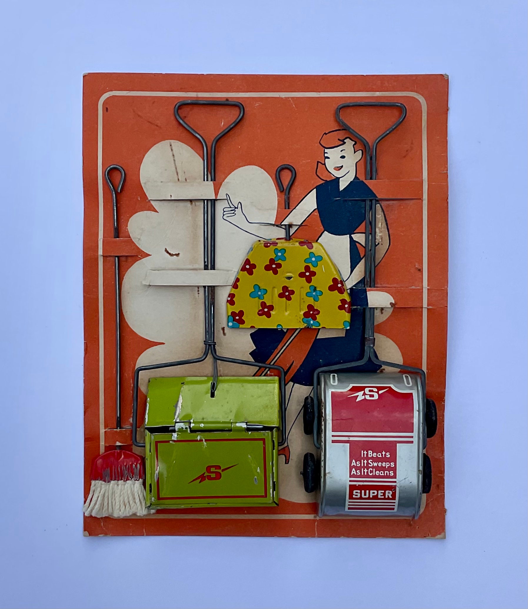Vintage Japan Tin Toy Miniature Super Sweeper Set on Original Card ...