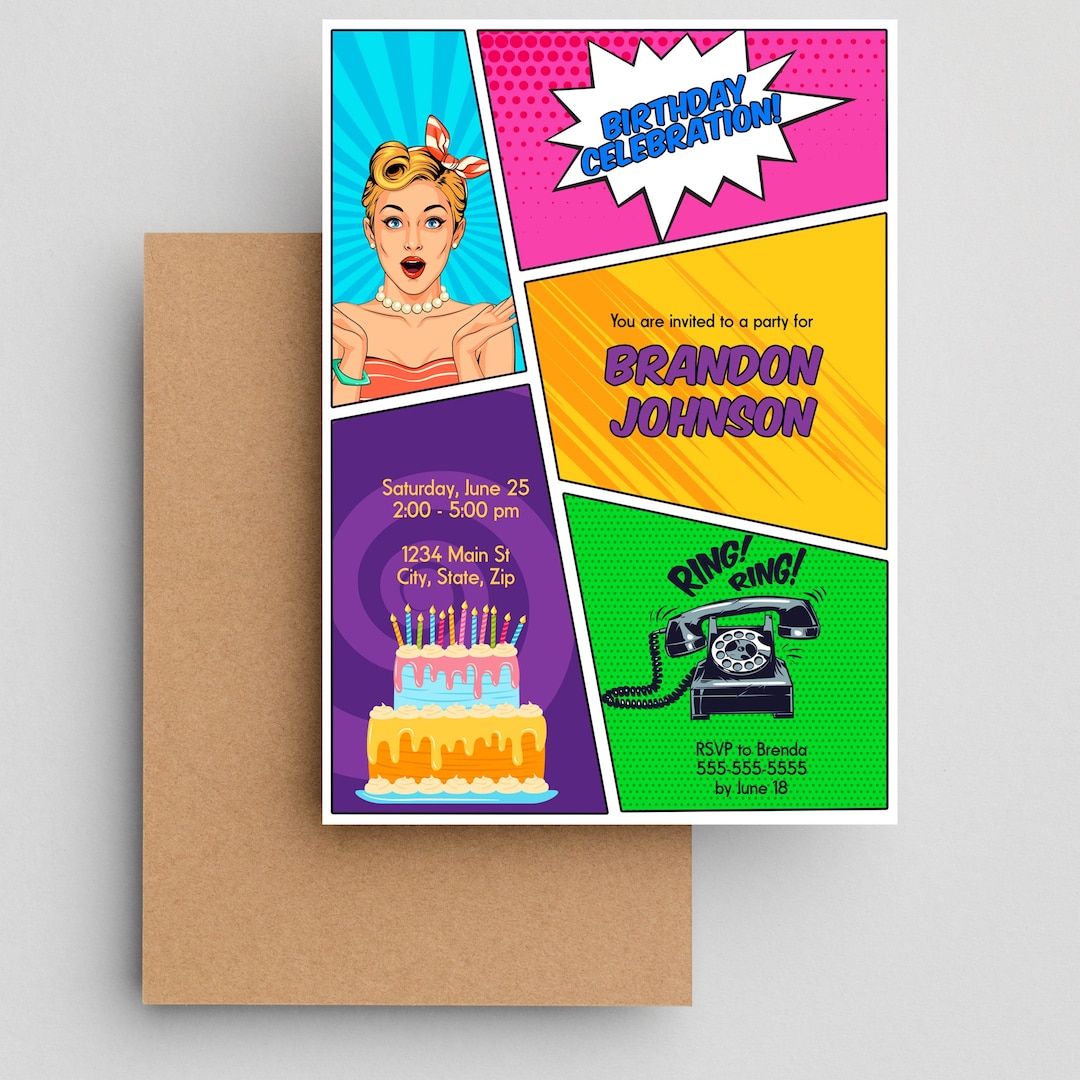 Comic Invitation Pop Art Invitation Colorful Birthday Invitaton Comicon ...