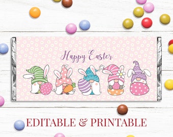 Editable Easter Candy Bar Wrapper, Spring Gnome Printable Chocolate Wrap DIY Happy Easter Favor ...