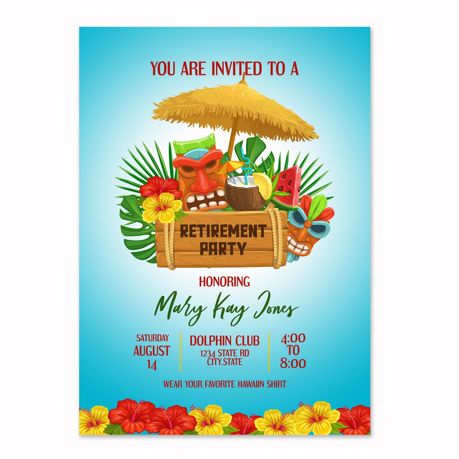 Editable Retirement Party Invitation | Tropical Luau Template | Corjl ...
