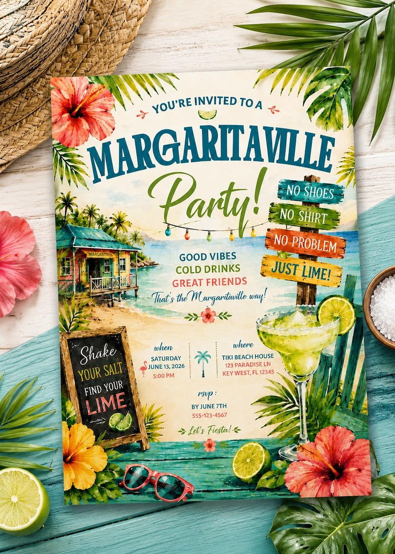 Editable Tropical Beach Party Invitation Template - Vibrant Coastal ...