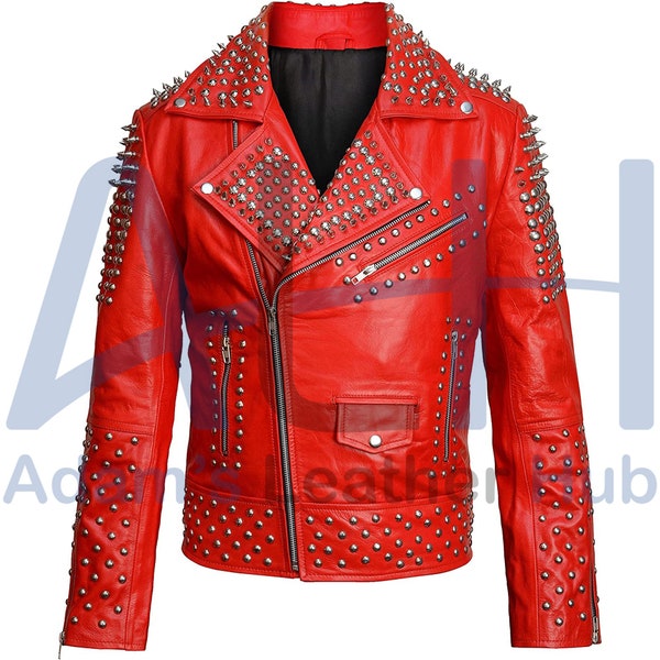 Mens Red Spiked Leather Jacket - Etsy