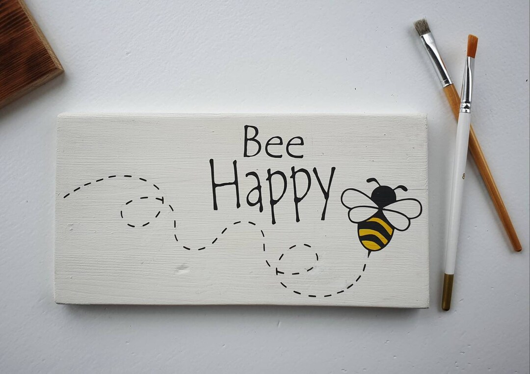 Handmade BEE HAPPY sign, vintage style retro hand painted wood sign ...