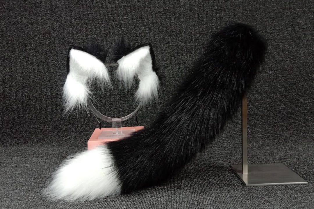 Black White Handmade Fox Ears Animal Ear and Tail COSPLAY Simulation ...