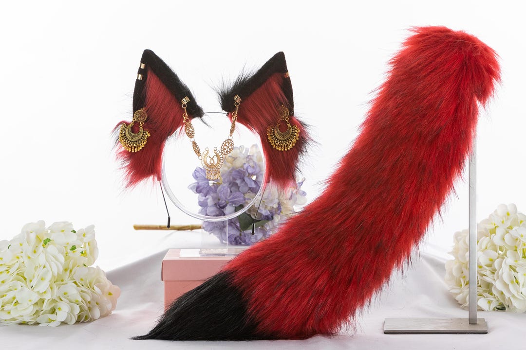 Red Black Handmade Fox Ears Animal Ear and Tail COSPLAY Simulation Fox ...