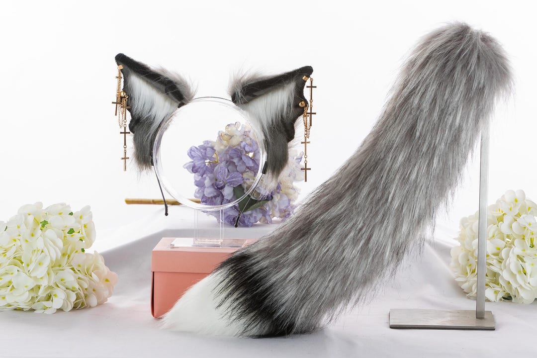 Gray Whtie Handmade Fox Ears Animal Ear and Tail COSPLAY Simulation Fox ...