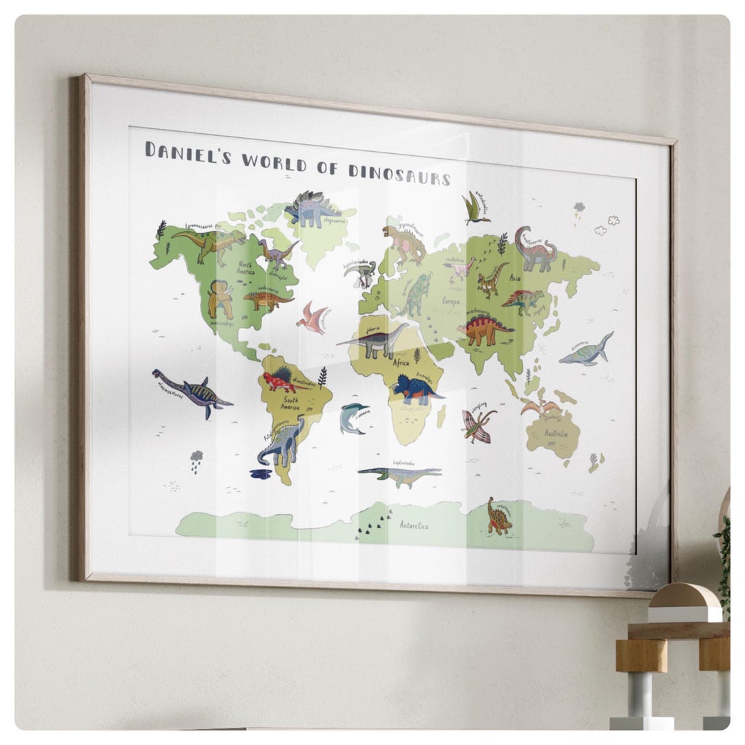 Personalised Dinosaur World Map, Children’s Bedroom, Baby Nursery ...