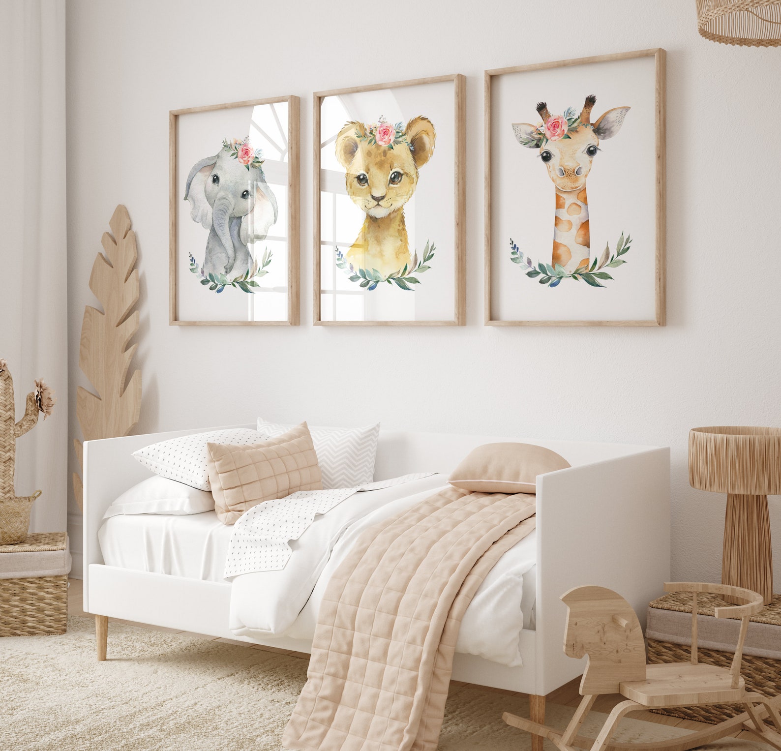 Safari, Jungle, Animal, Boho Theme Prints, Set of 3 Girls, Flowers ...