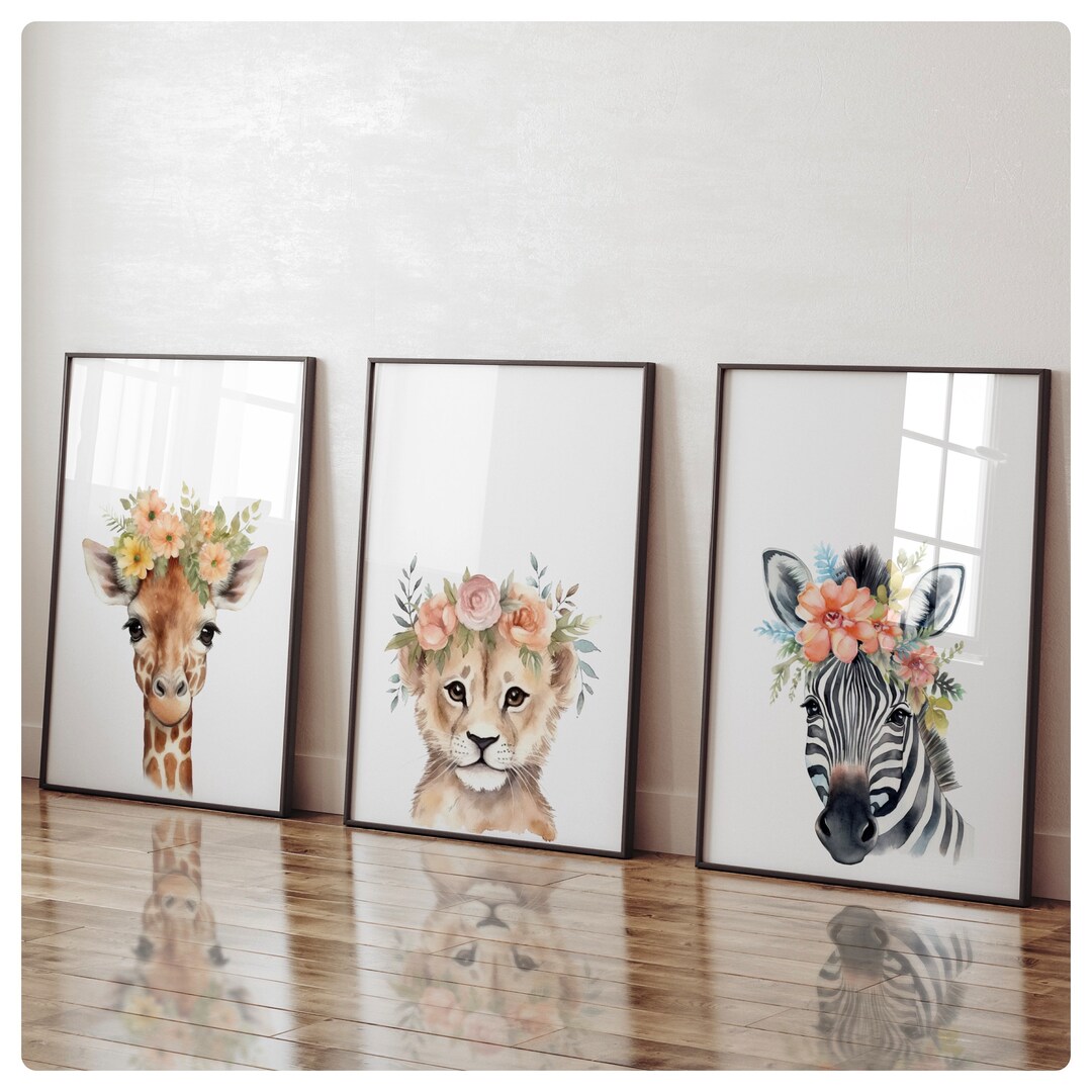 Safari, Jungle, Animal, Boho Theme Prints, Set of 3 Girls, Flowers ...