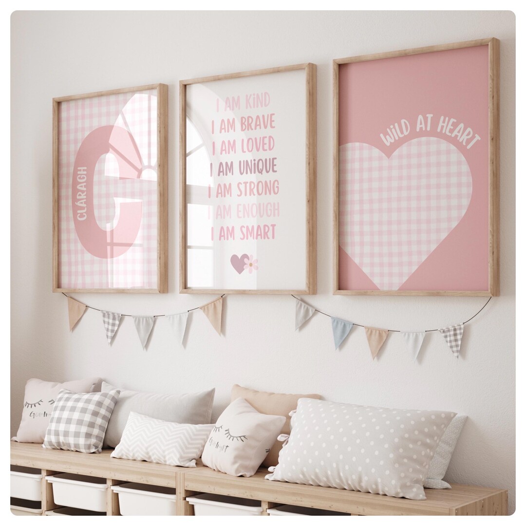 Set of 3 Gingham Prints, Pink, Affirmations, Childrens Bedroom, Nursery ...