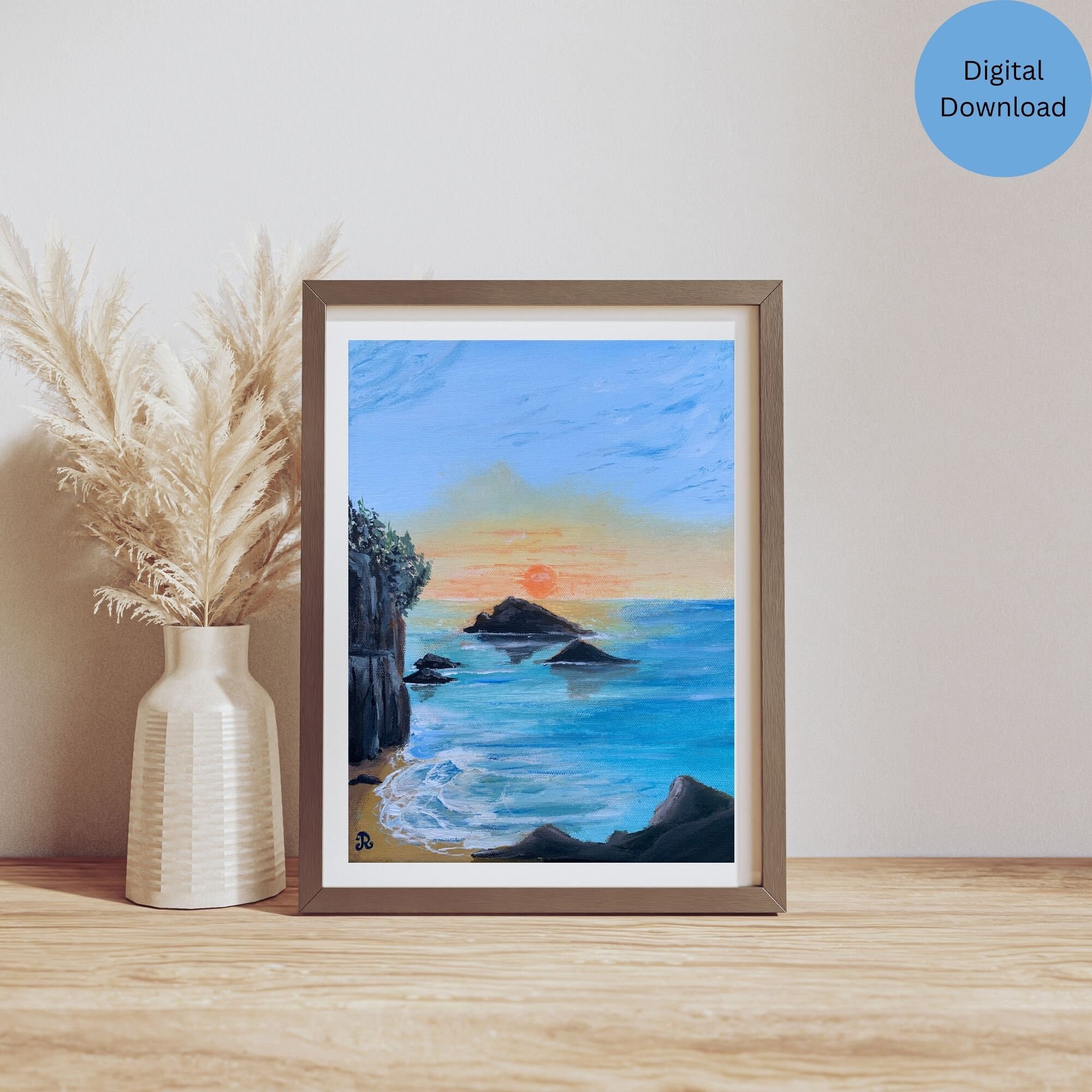 Pacific Northwest Printable Artwork PNW Ocean Cliff Downloadable Sunset ...