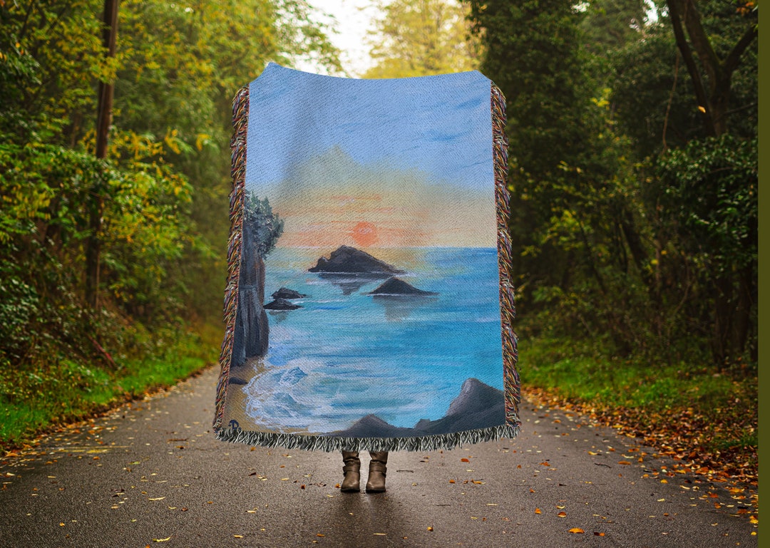 Northwest Pacific Woven Blanket Sunset Ocean Waves Throw Cotton Woven ...