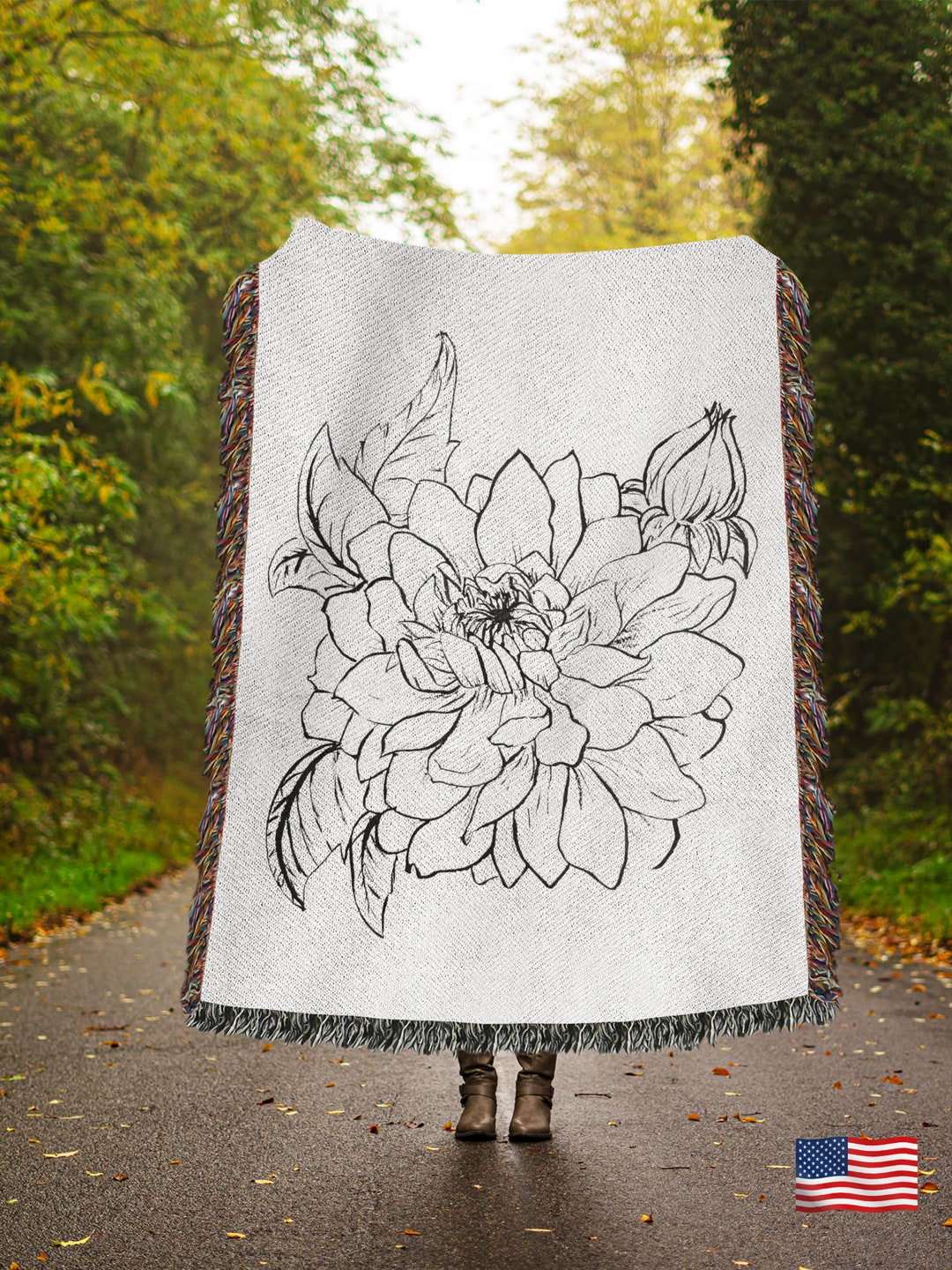 52x37 Inch Dahlia Woven Blanket Black Line Flower Blanket Minimalist ...