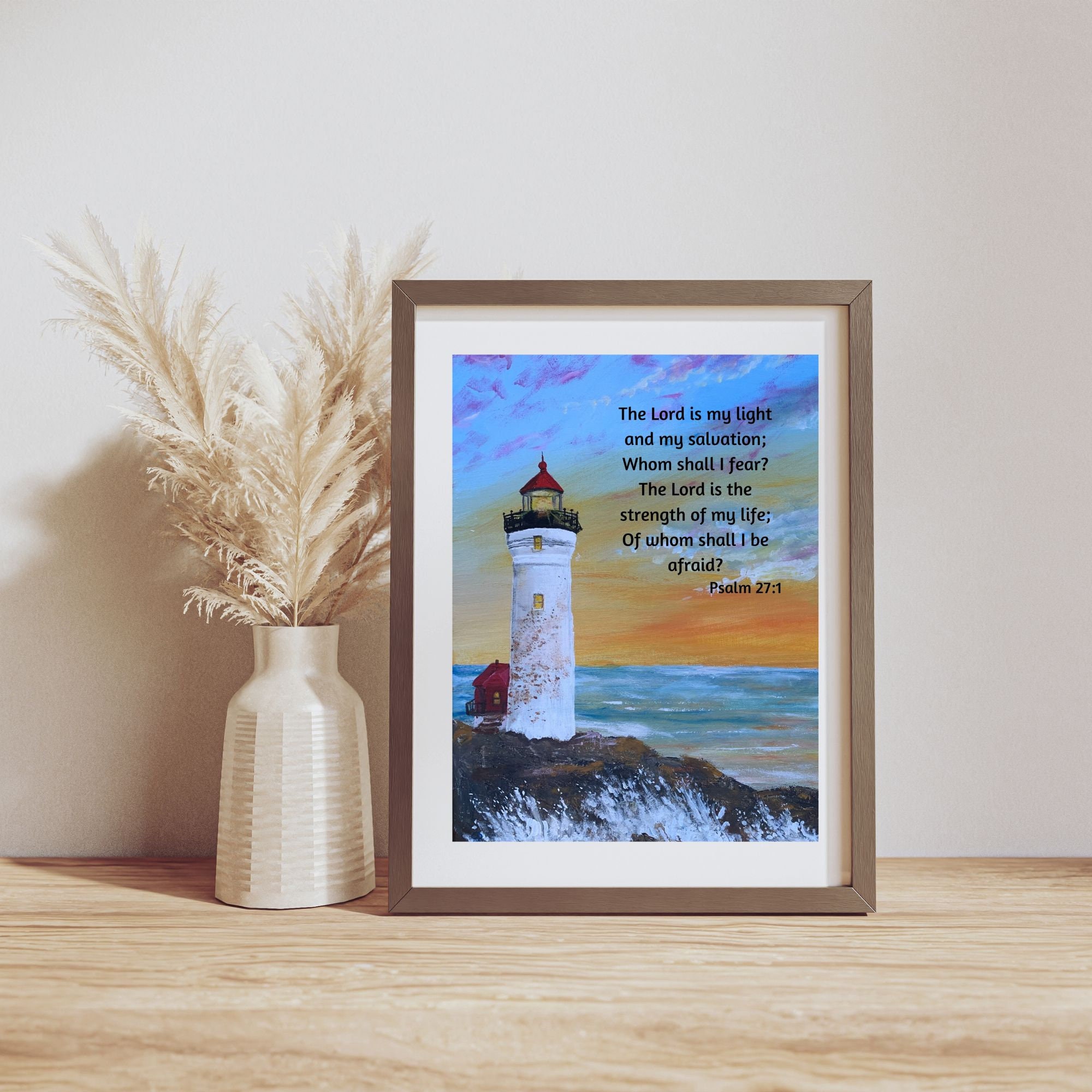 Bible Verse Wall Artwork Lighthouse Painting Psalm 27 Scripture NKJV ...