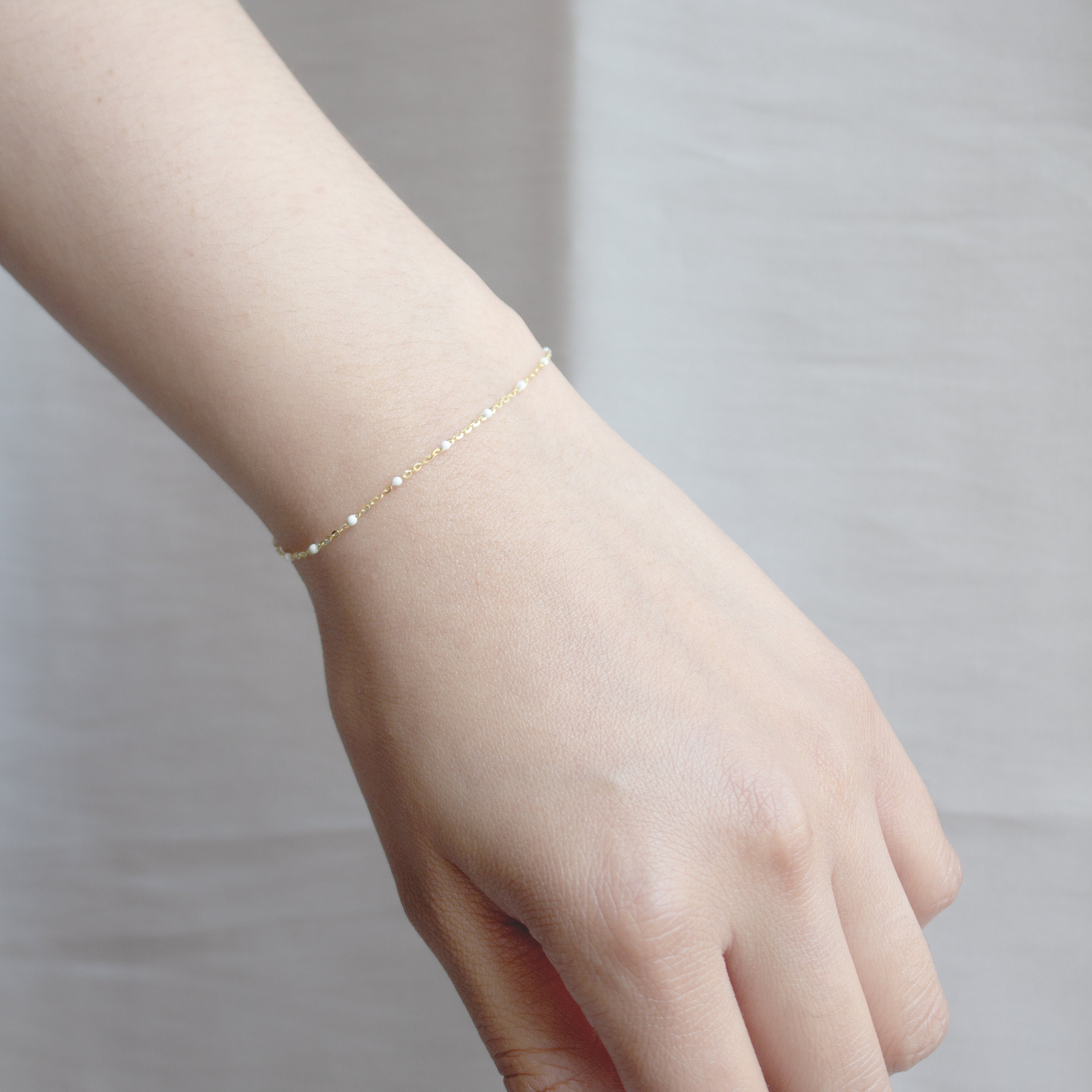 10K SOLID GOLD PERMANENT Chain White Enamel Bead by Inch 1.3mm.non ...