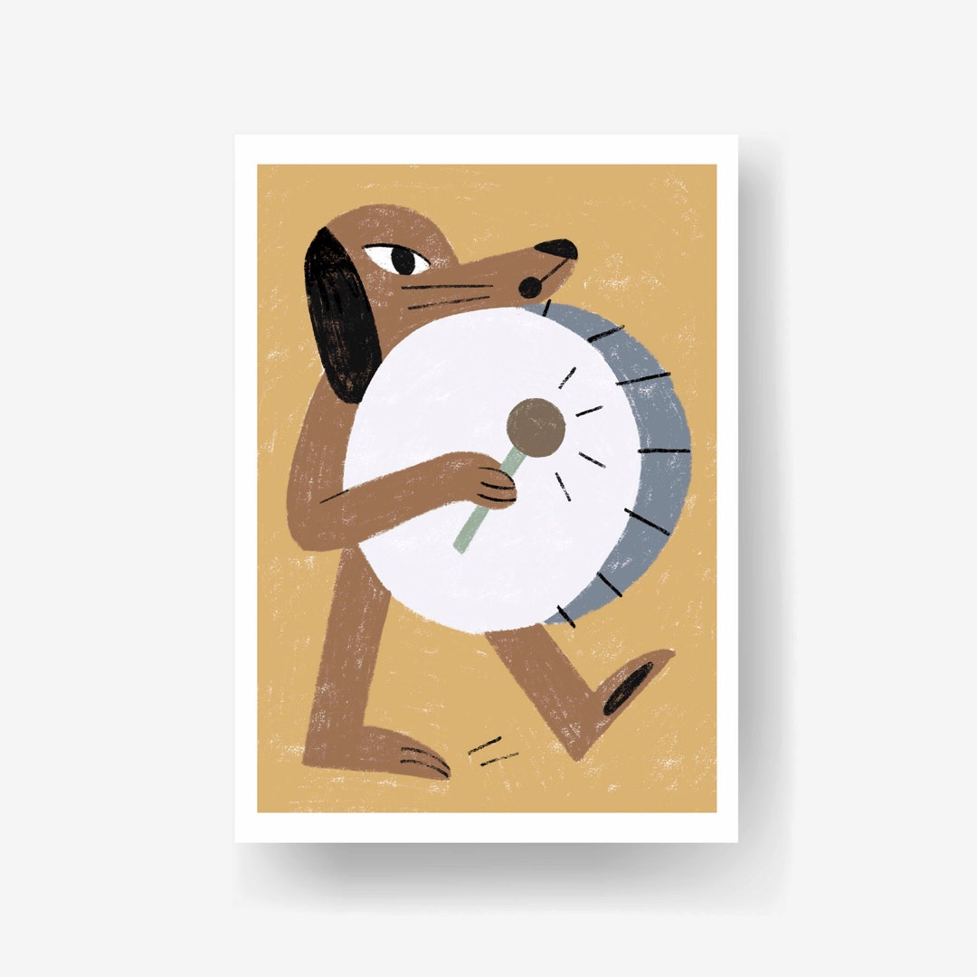 Walking Drummer Dog - A4 Illustration Print - Cute Drum Music Musician ...