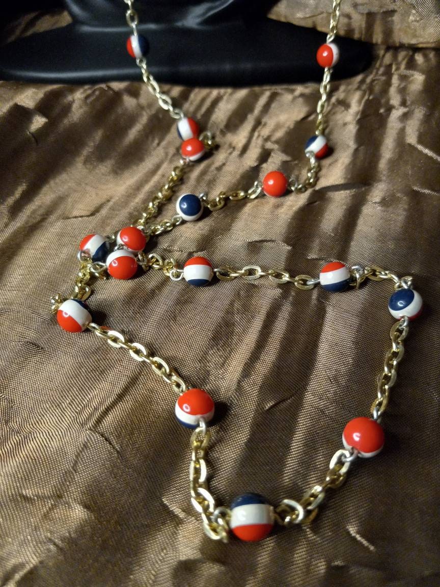 Long Red White Blue Bead Necklace Gold Color Chain 70s Jewelry - Etsy