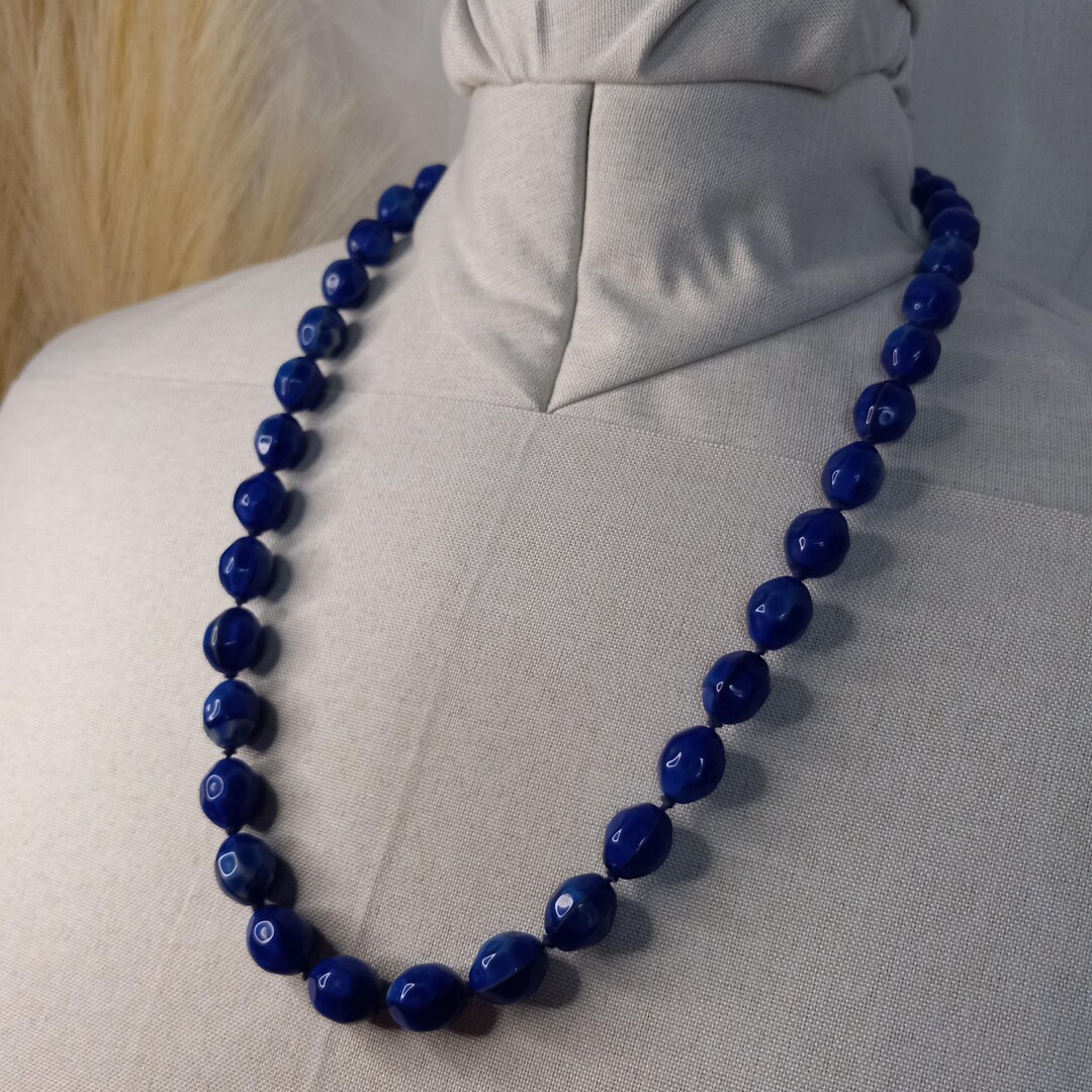 Vintage Cobalt Blue Beaded Necklace Medium Lenth Graduating Gold-tone ...