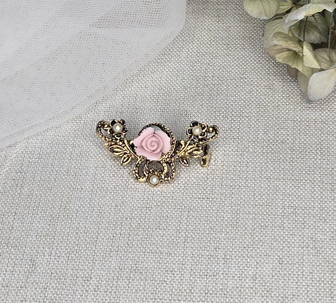 Vintage Pink Rose Brooch Victorian Gold Tone Metal Porcelain Flower ...