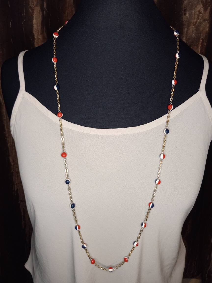 Long Red White Blue Bead Necklace Gold Color Chain 70s Jewelry - Etsy
