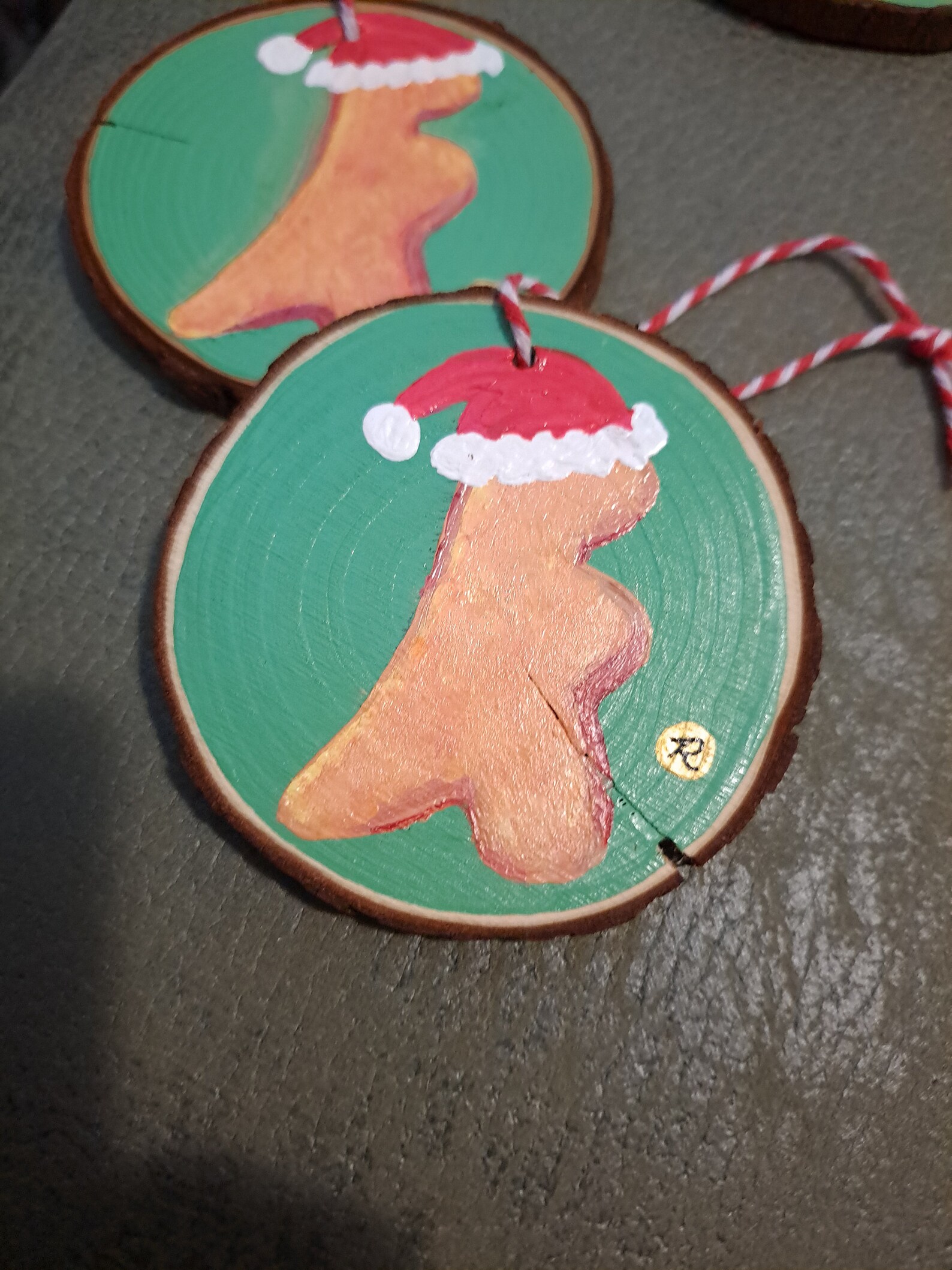 Festive Dino Nugget Painted Wood Slice Christmas Ornament - Etsy