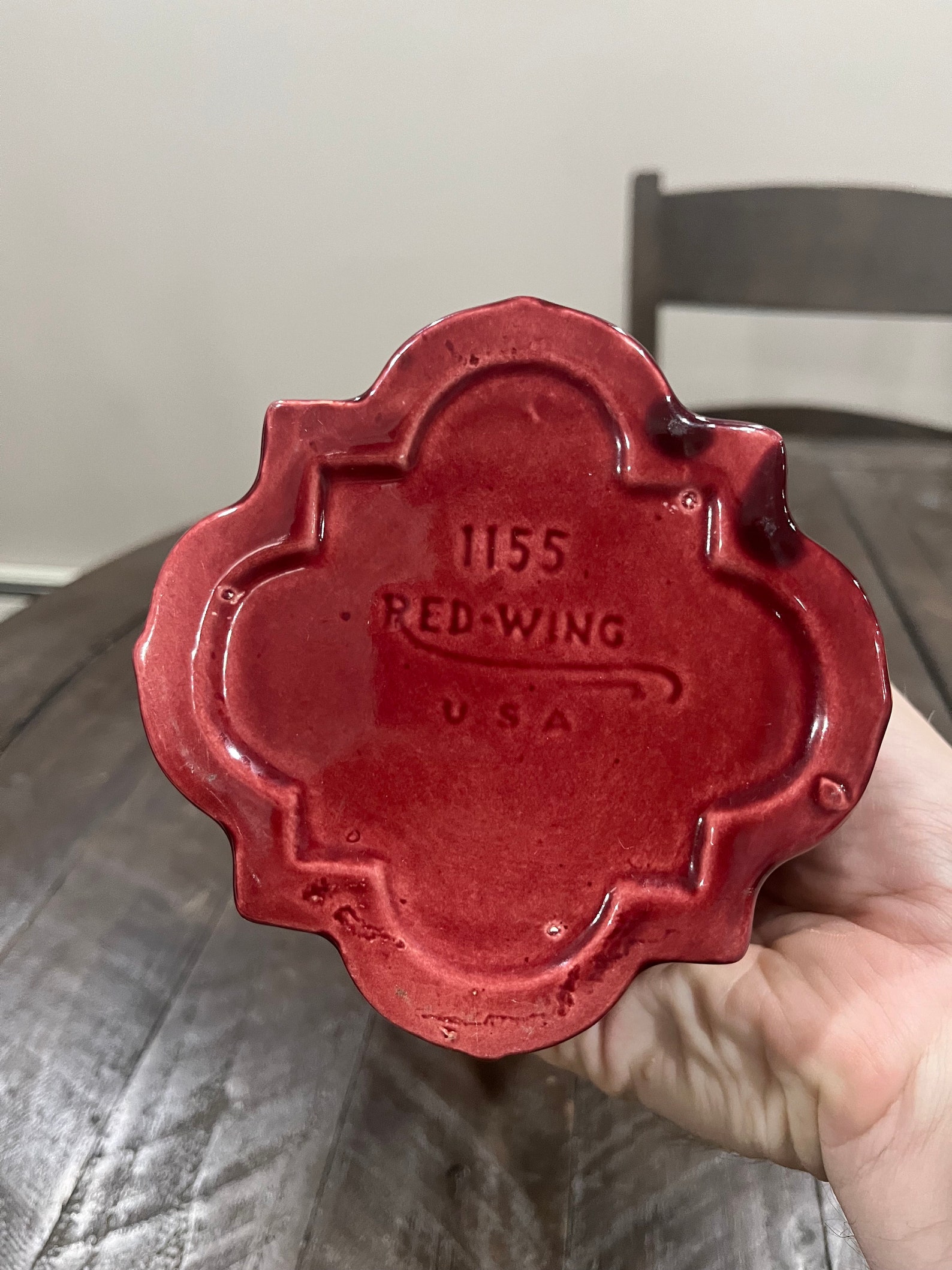 Vtg Red Wing Pottery Vase Leaf Pattern 1155 Art Deco Dark Red USA Chip ...