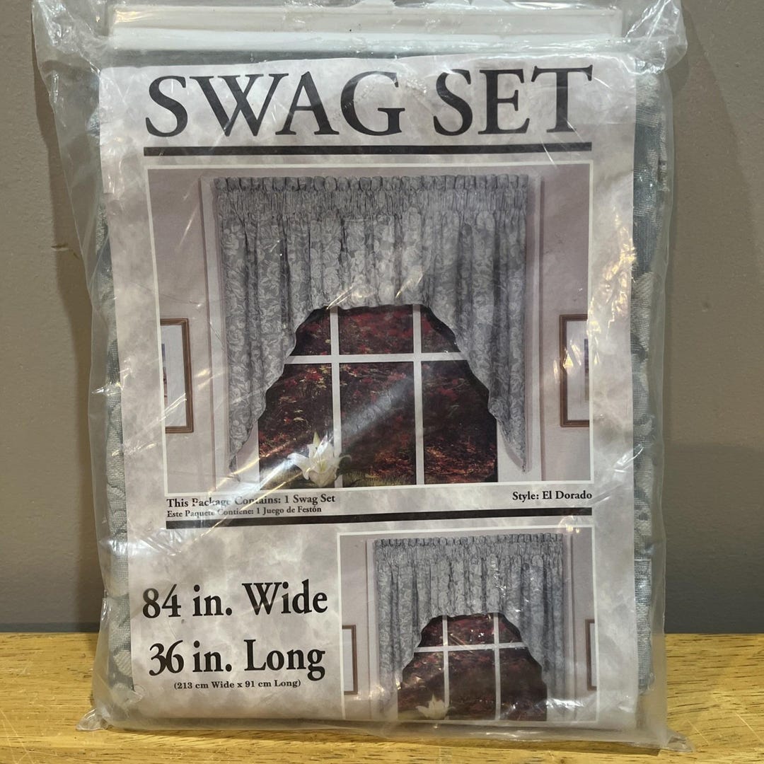 Vtg Jacquard Light Blue Rose Swag Set 84x36" El Dorado USA Floral NOS ...