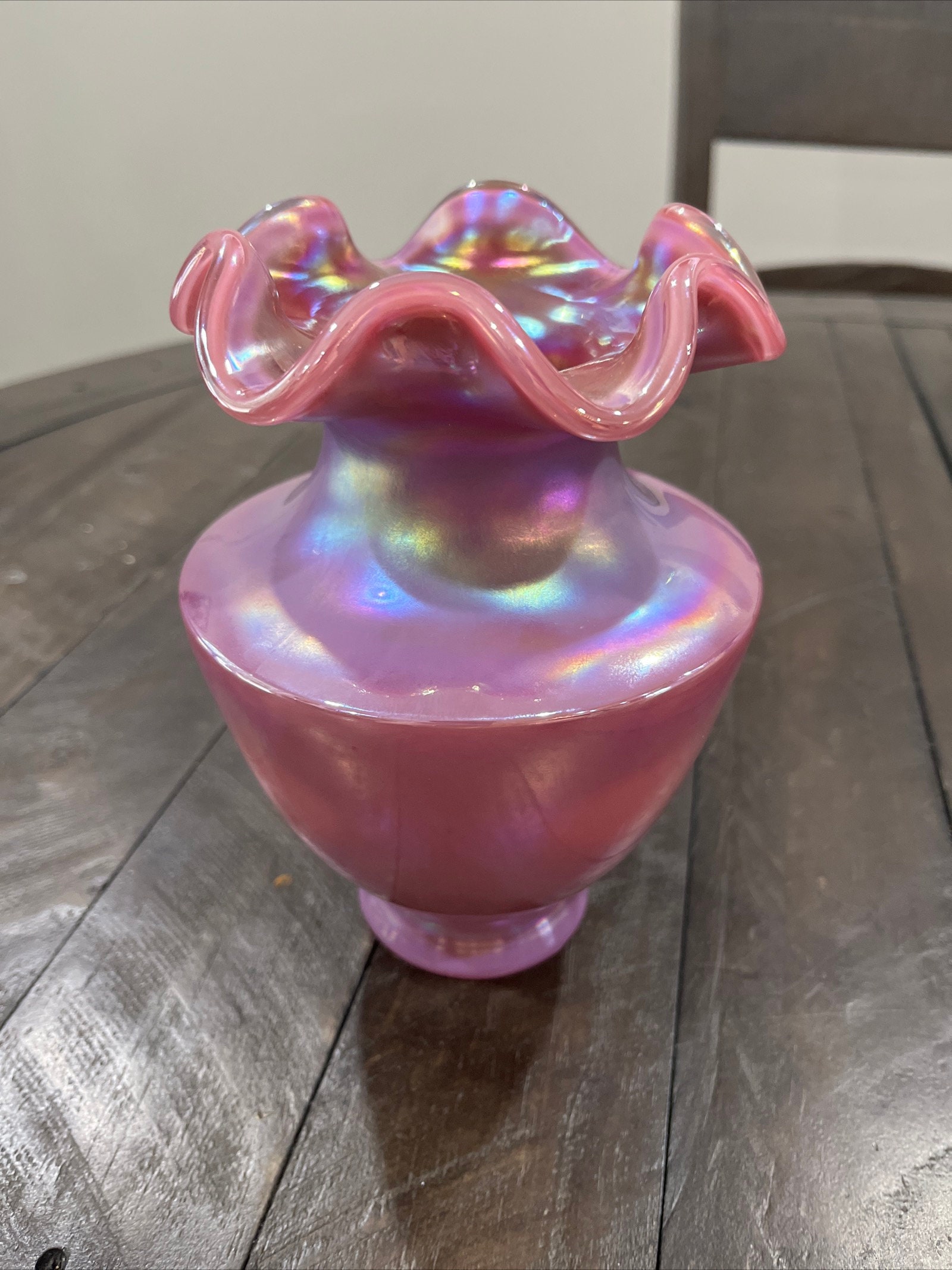 Fenton Raspberry Plum Rosalene Opalescent Iridescent Ruffled Glass Vase ...