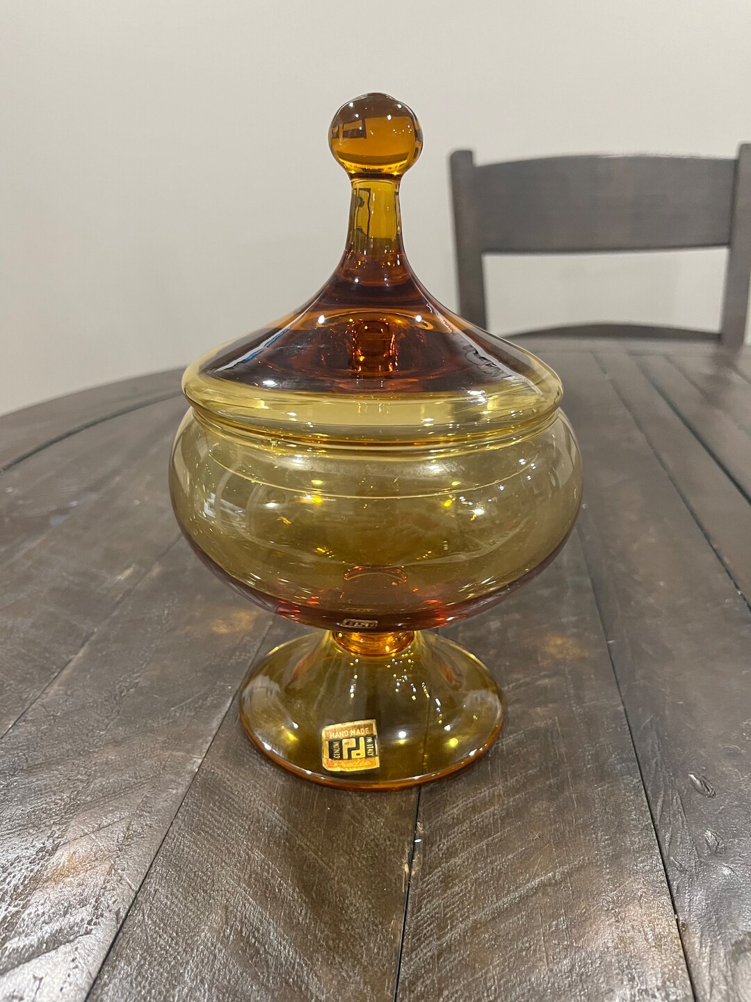Pee Dee MCM Empoli Apothecary Lid Art Glass Dish Italy Honey Amber ...