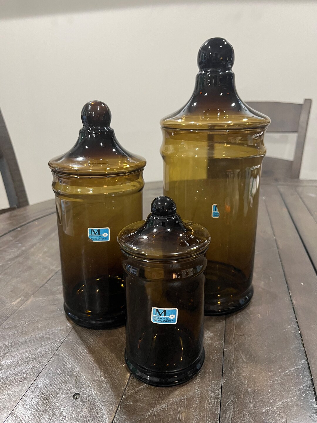 Morgantown Glass Diplomat Covered Jars Canister Set of Three Nutmeg ...