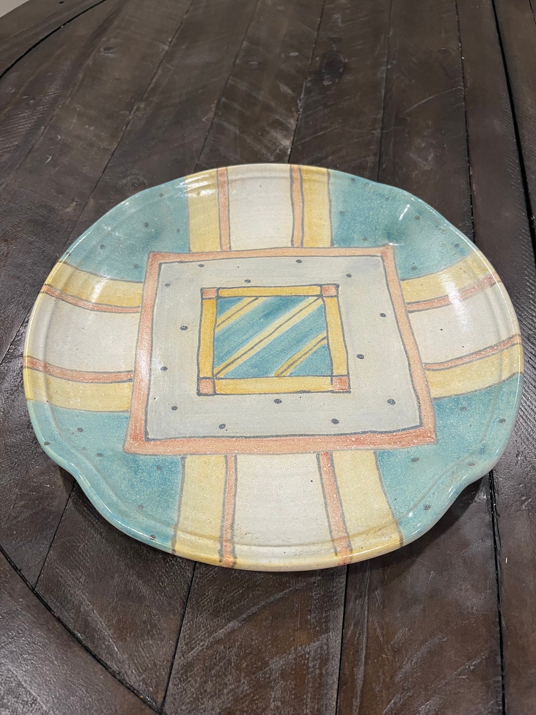 Sarah Post Studio Pottery Red Ware Geometric Tray Platter Hand Painted ...