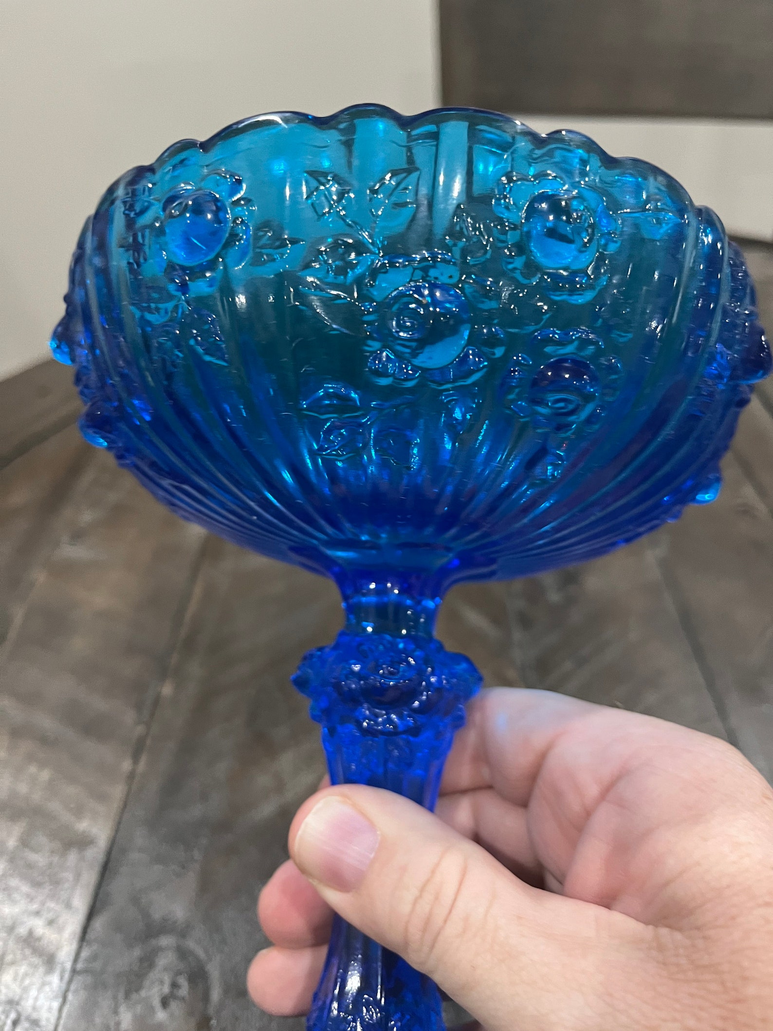 Vintage Fenton Colonial Blue Glass Compote Cabbage Rose Pedestal Candy ...
