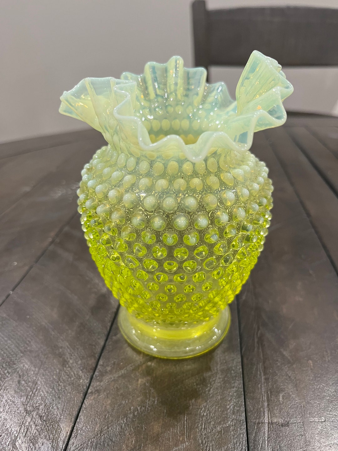 Fenton Topaz Opalescent Hobnail Triangle Crimped Vase, Vintage Vaseline ...