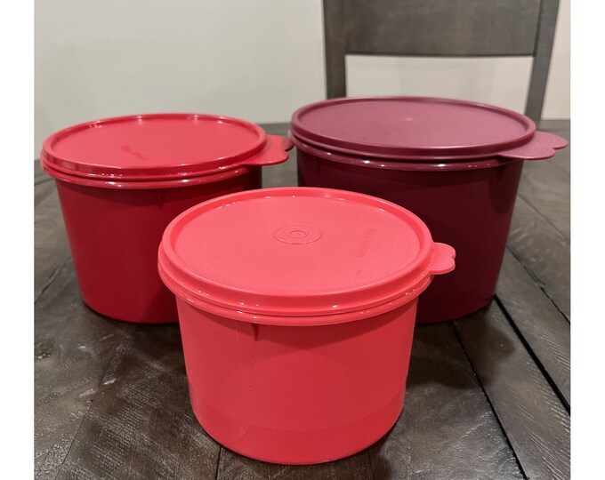 Tupperware Set of 3 Round Canisters Pink 1 Qt 263 2 Qt 264 Maroon 3 Qt ...