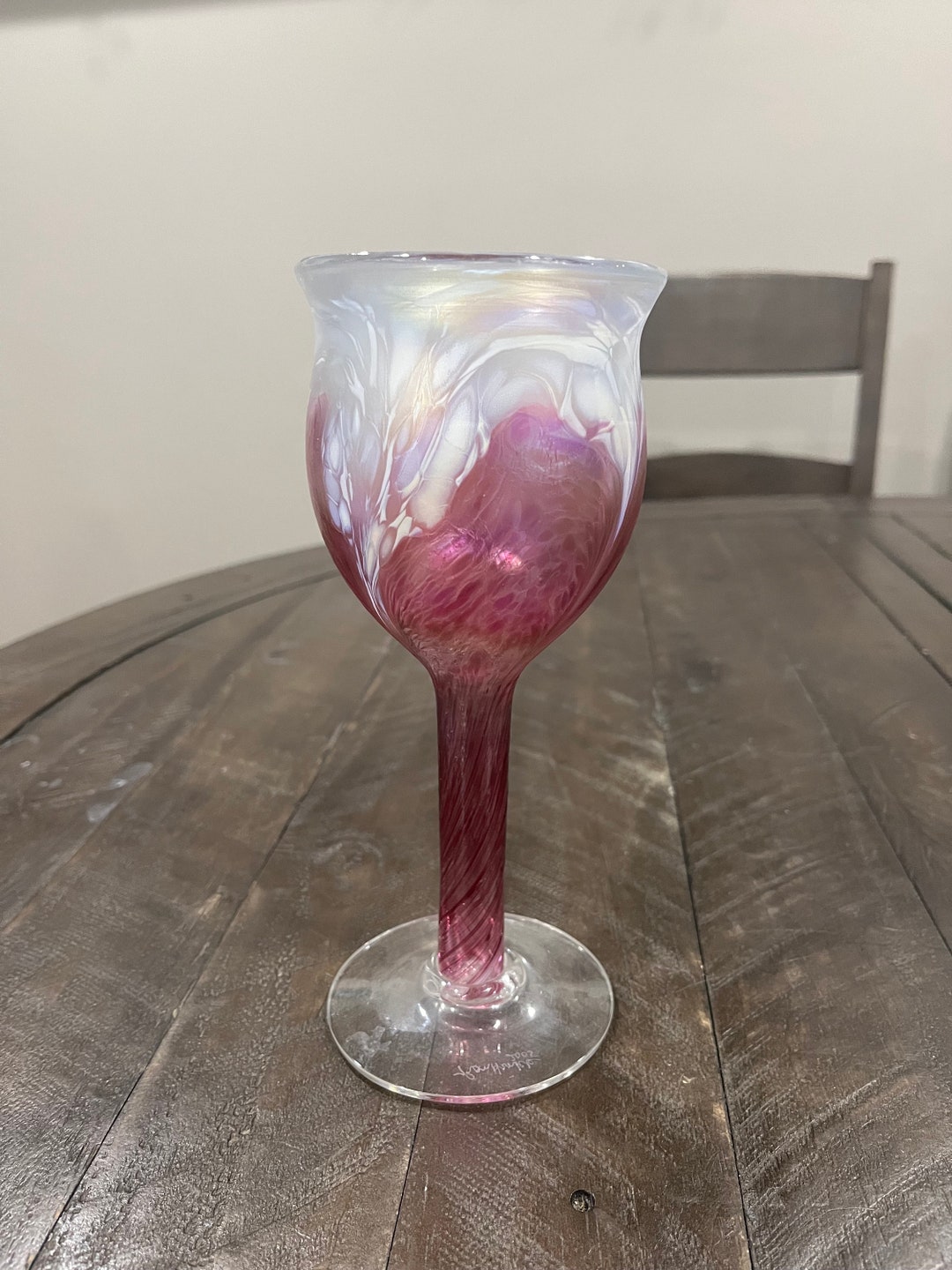 Ron Hinkle Hand Blown Art Glass Pink Iridescence Wine Goblet Glass ...