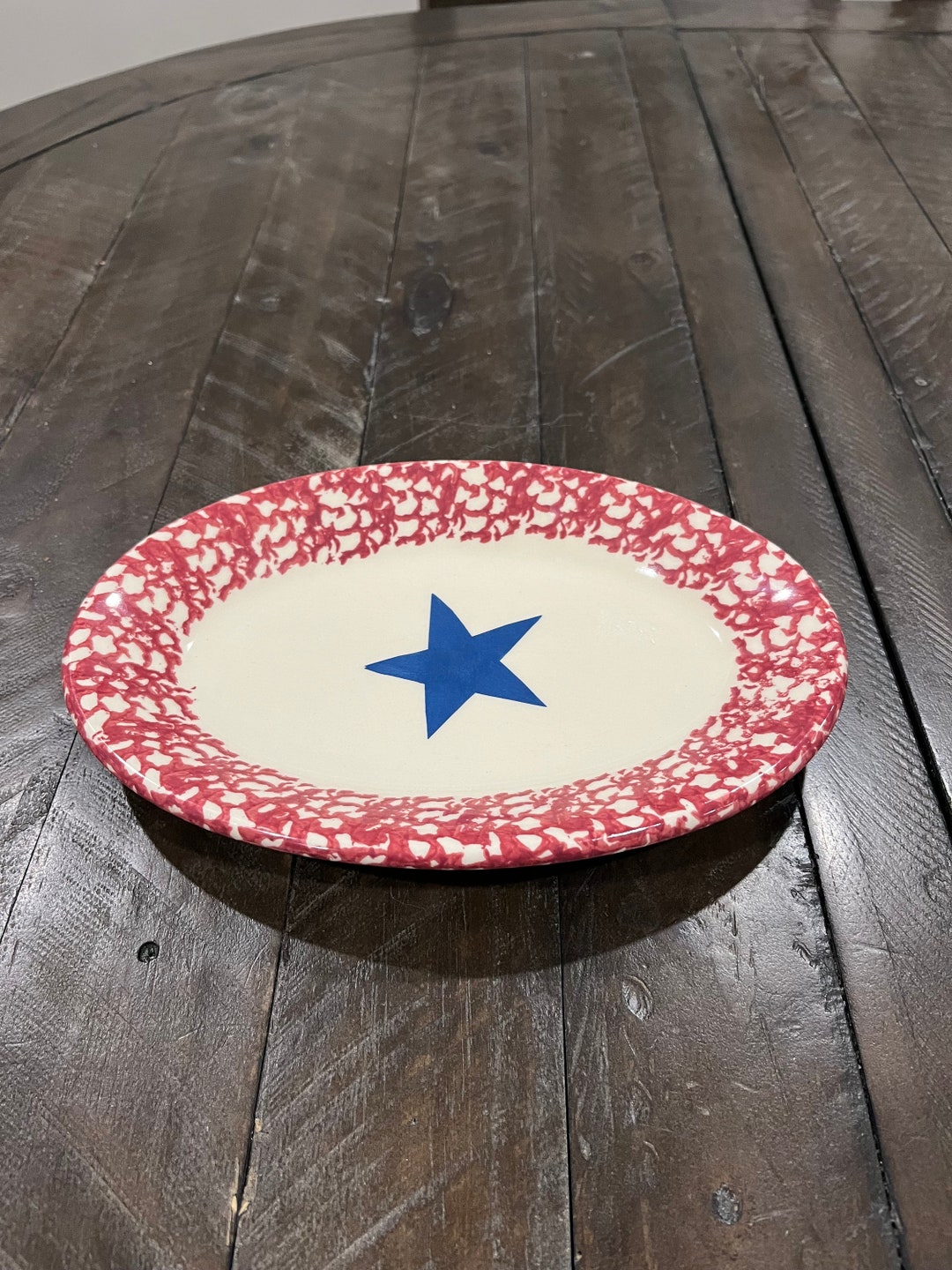 Roseville Red STAR Spongeware 9.5 Oval Platter Plate - Etsy