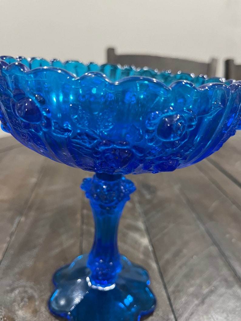 Vintage Fenton Colonial Blue Glass Compote Cabbage Rose Pedestal Candy ...