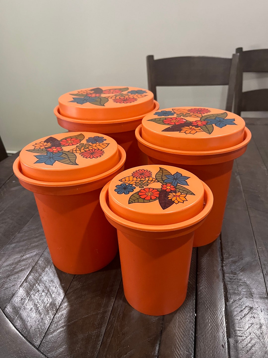 Vtg Rubbermaid Orange W/multi Color Flowers Hard Plastic Canister Set ...