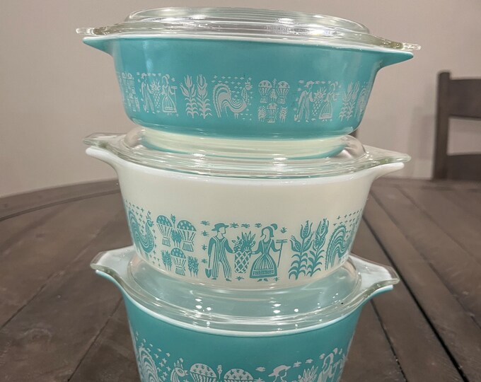 Set 3 PYREX AMISH BUTTERPRINT Turquoise Casserole Dishes W/ Lids 471 ...