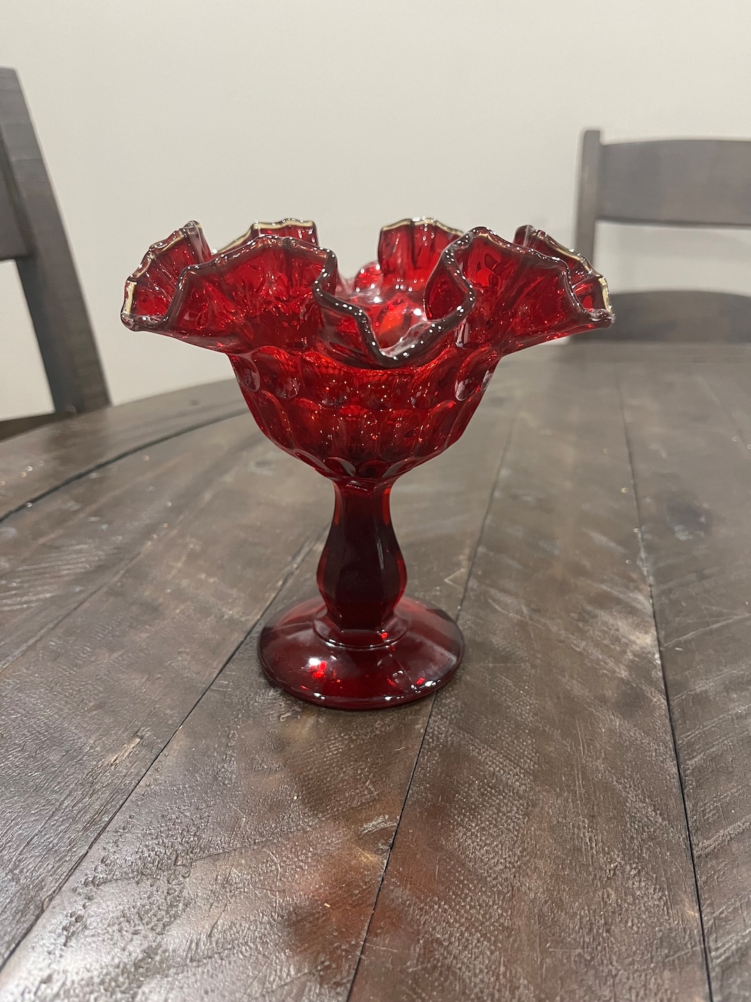 Vintage Fenton Ruby Red Thumbprint Double Crimped Footed Compote Gold ...